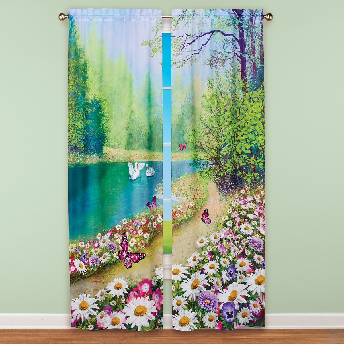 Spring Floral Scene Window Curtain Panels - Set of 2 | Collections Etc.