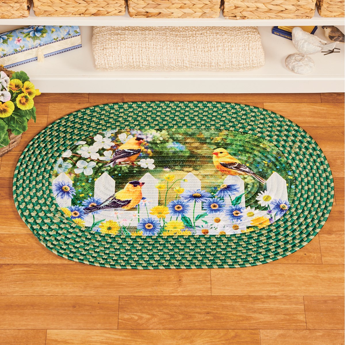 Birds on Fence Colorful Spring Scene Braided Accent Rug | Collections Etc.