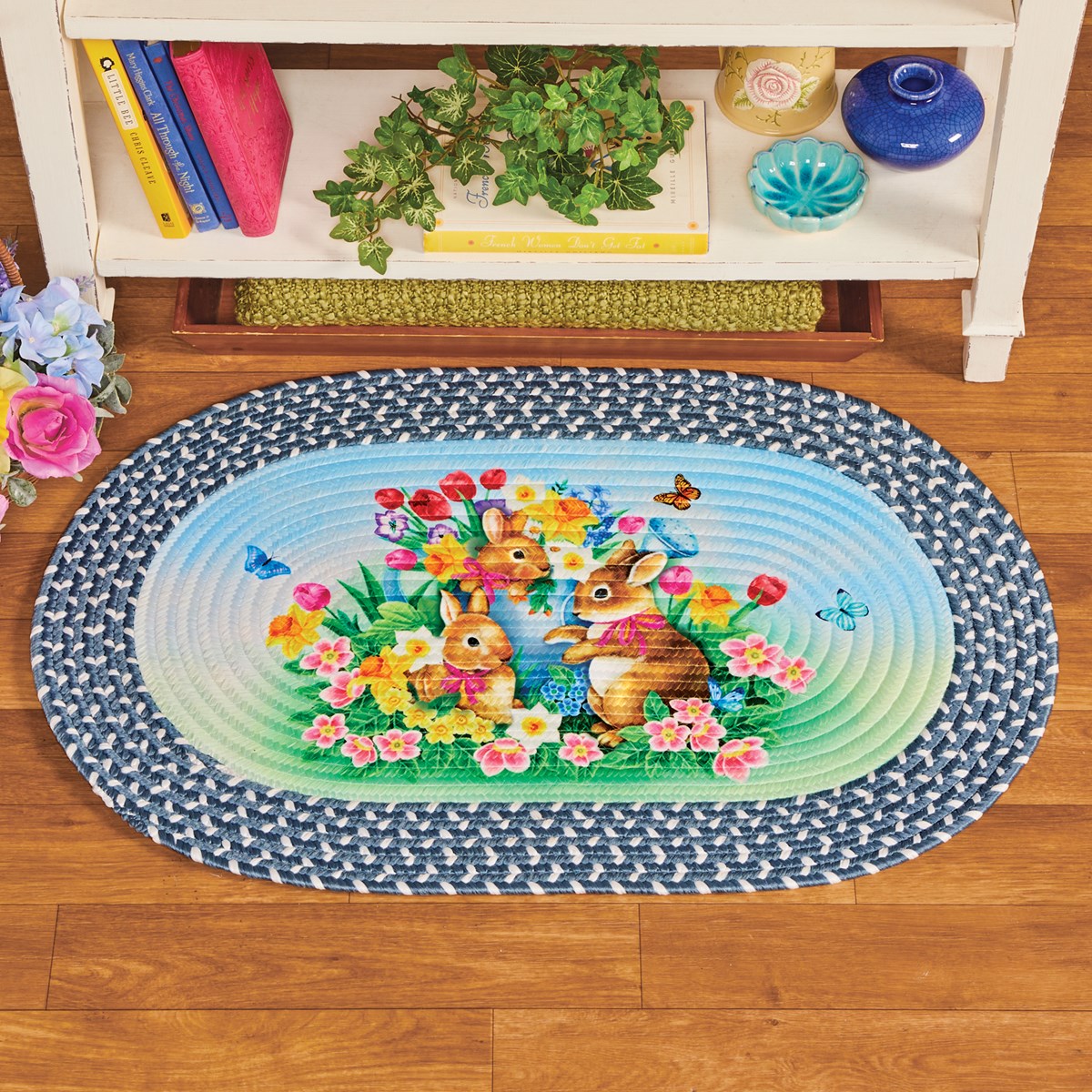 Spring Bunny and Flowers Braided Accent Rug | Collections Etc.
