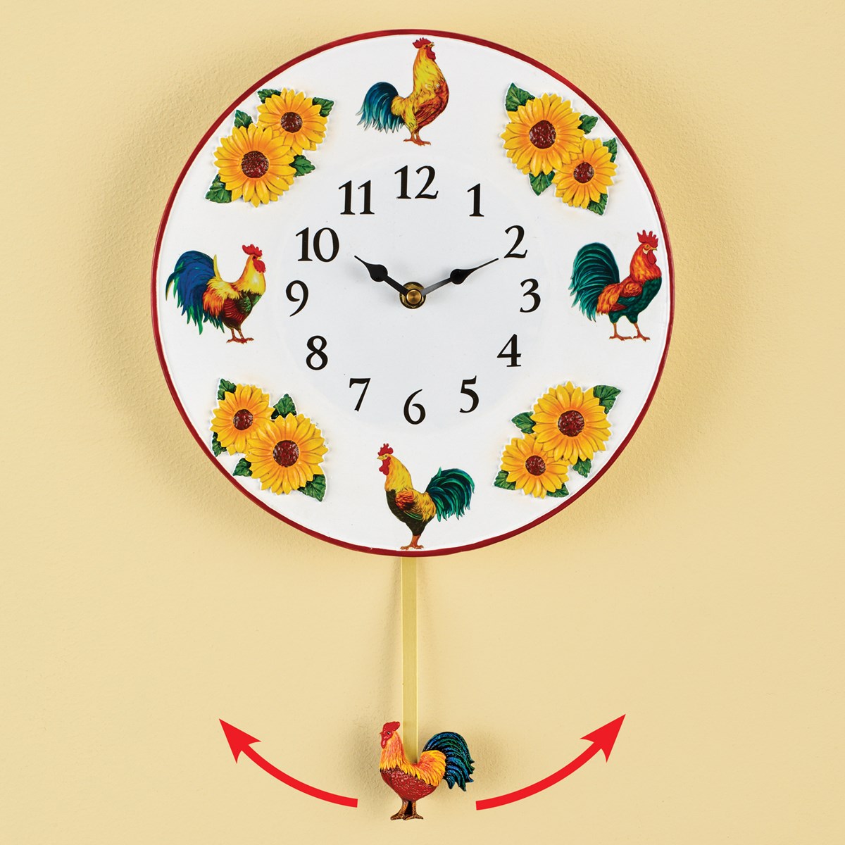 Country Rooster and Sunflower Pendulum Wall Clock | Collections Etc.