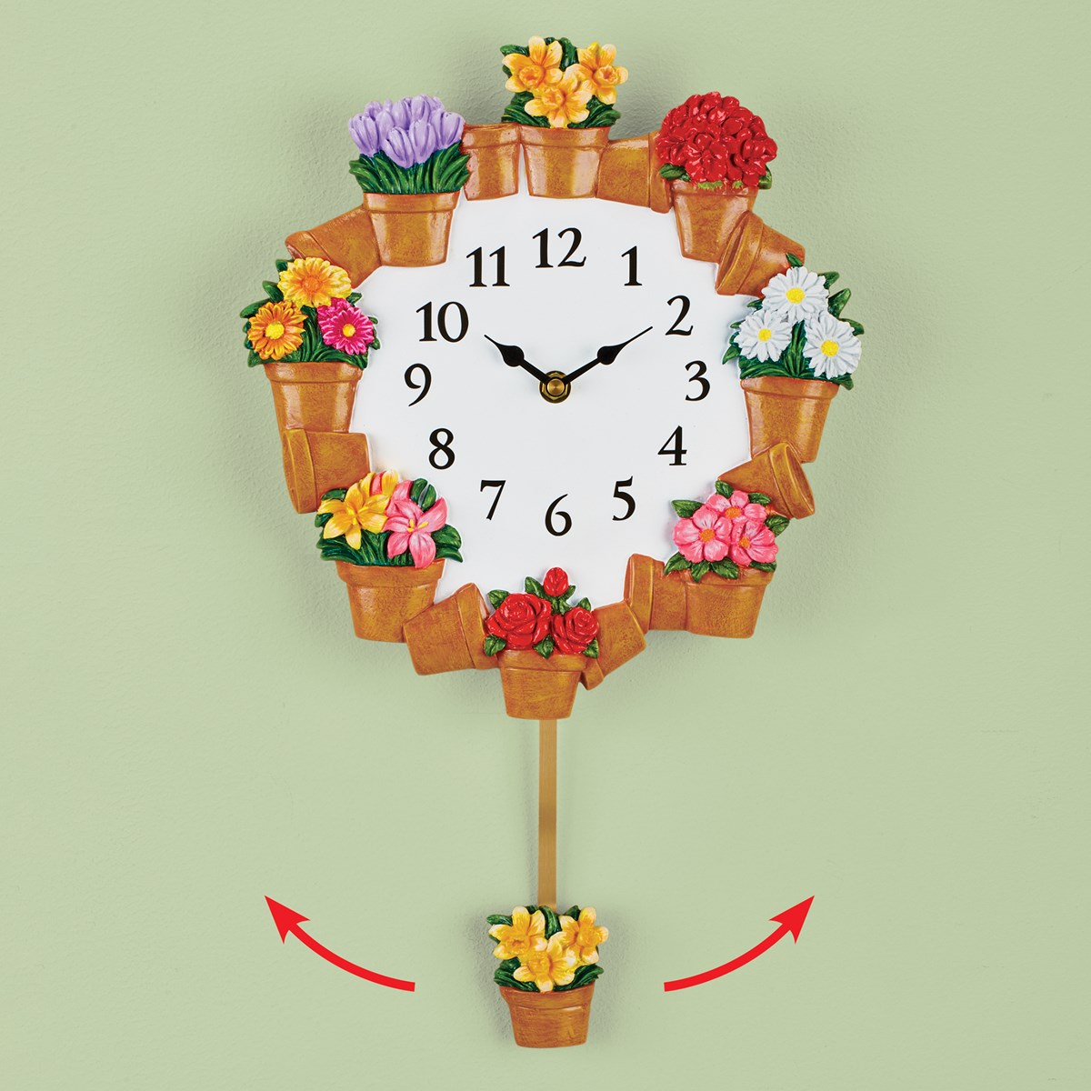 Hand-Painted Hanging Flower Pot Pendulum Wall Clock | Collections Etc.