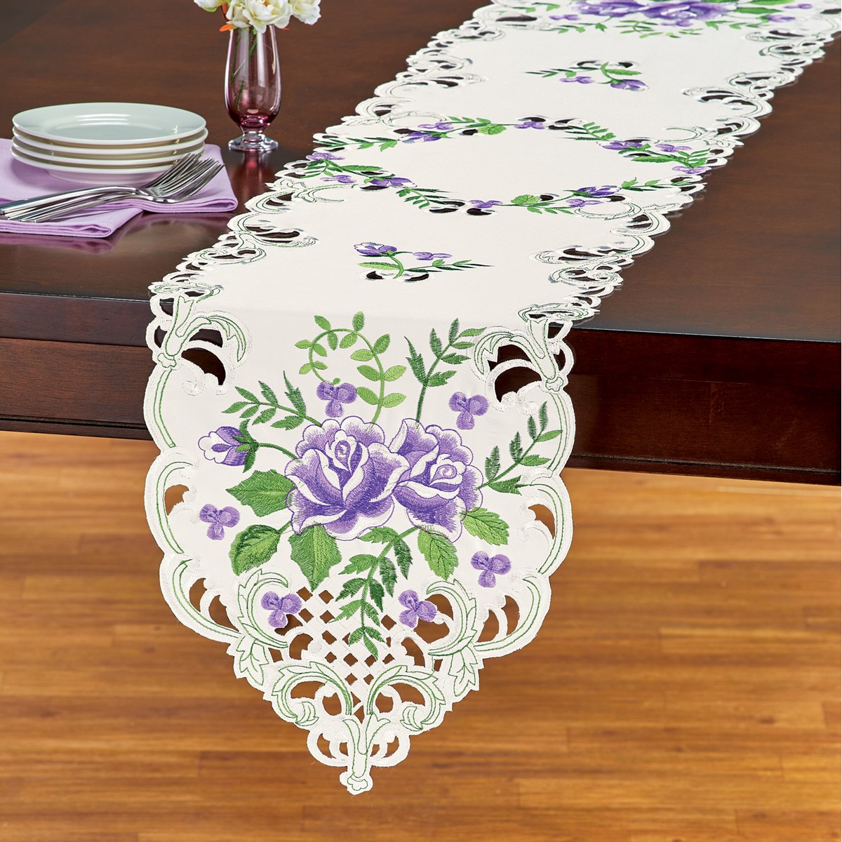 Embroidered Rose Bushes Cutwork Table Linens | Collections Etc.