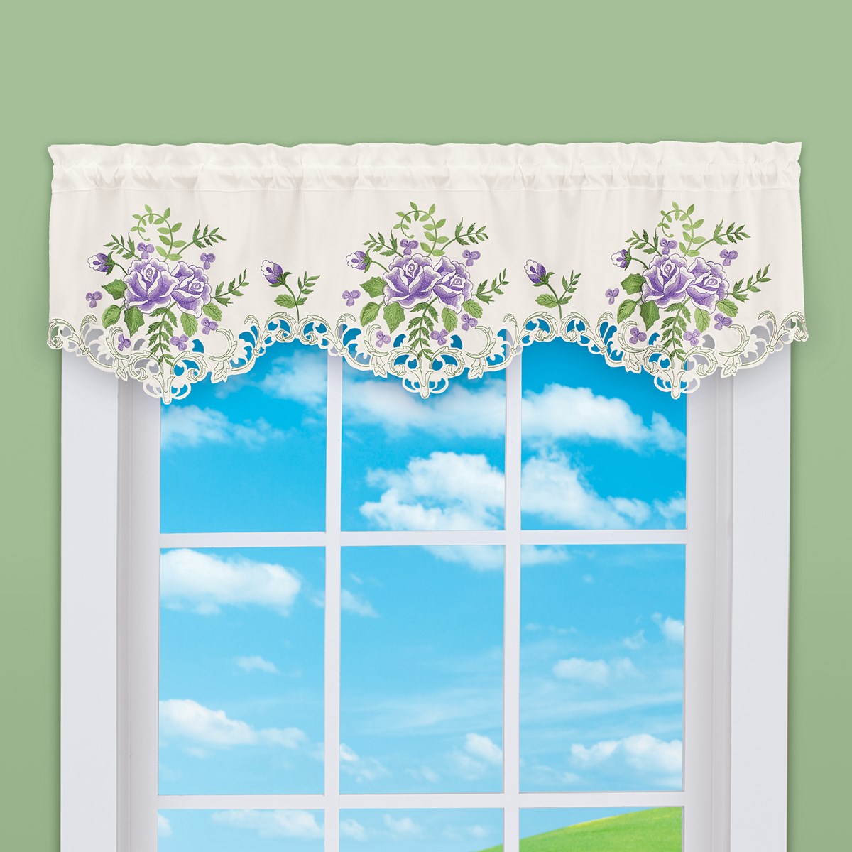 Embroidered Rose Bushes Cutwork Window Valance | Collections Etc.