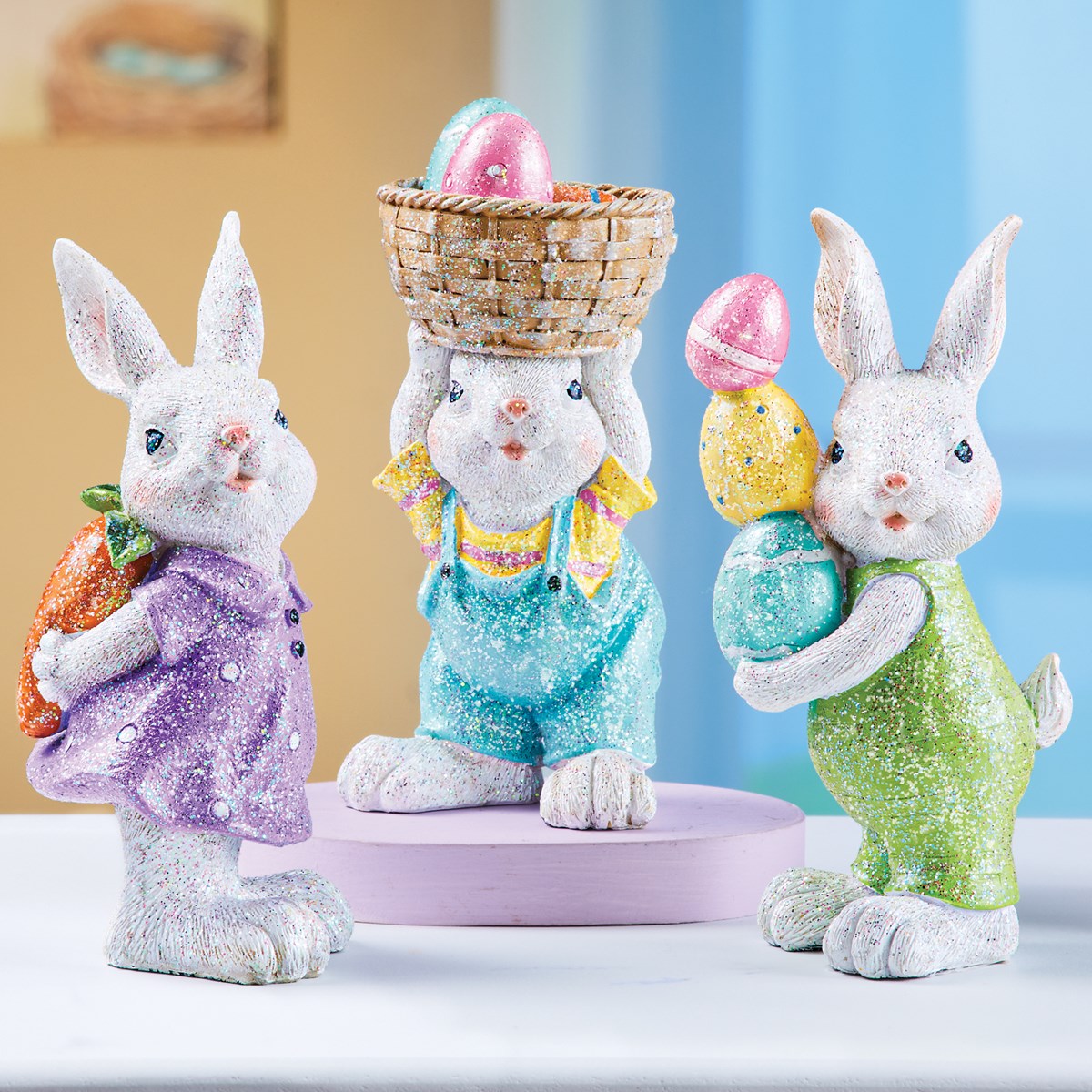 Hand-Painted Sparkling Easter Bunny Figurines - Set of 3 | Collections Etc.