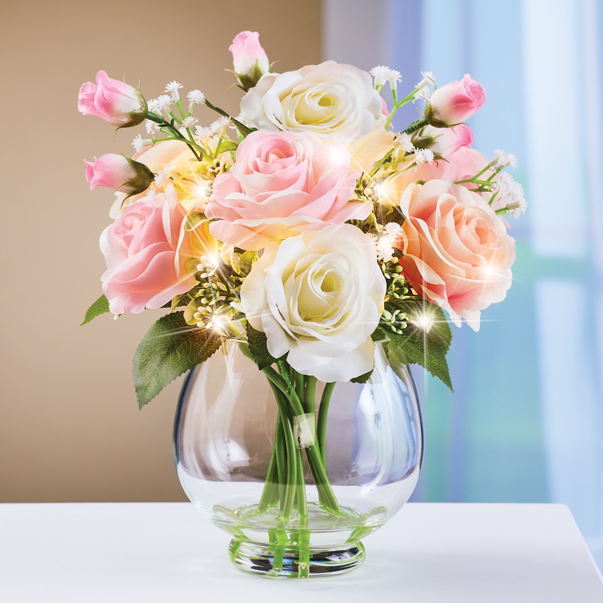 LED Lighted Realistic Artificial Pastel Roses and Glass Vase ...