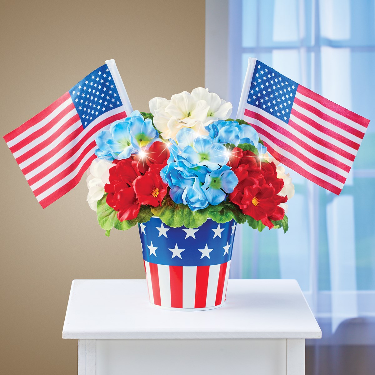 LED Lighted Americana Flowers and Flags Centerpiece | Collections Etc.