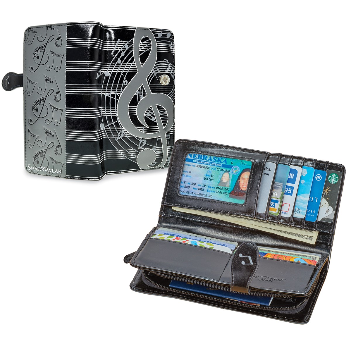 Black & Grey Multi-pocket Musical Notes Wallet | Collections Etc.