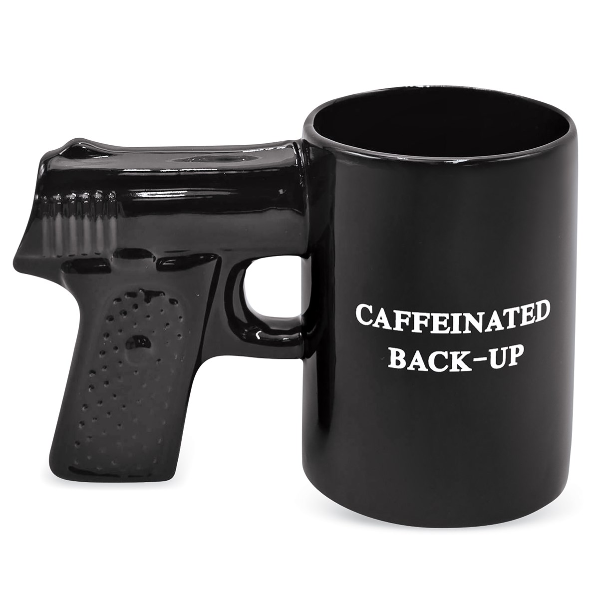 "Caffeinated Back-Up" Caliber Gun Ceramic Coffee Mug | Collections Etc.