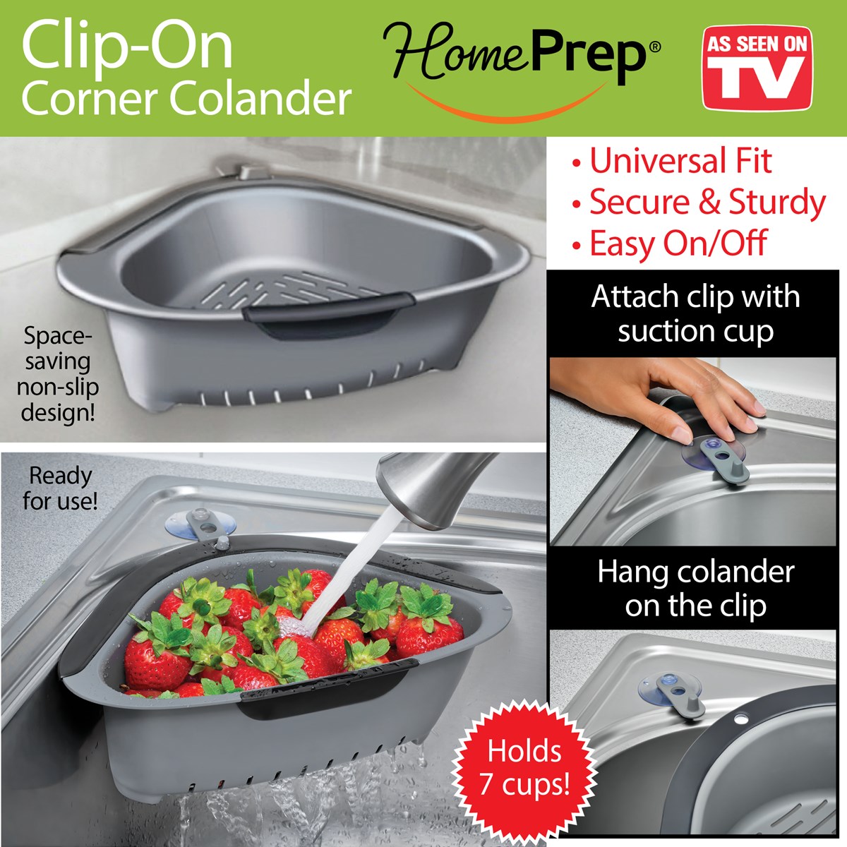 HomePrep Space Saving Clip-On Non-Slip Corner Colander | Collections Etc.