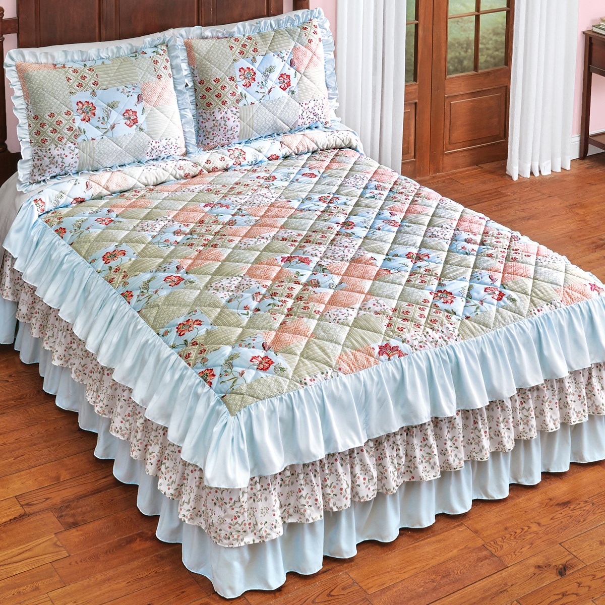Floral Patchwork Triple Ruffle Diamond Quilted Bedspread | Collections Etc.