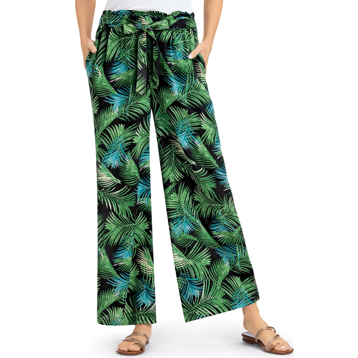 Casual Tie-Waist Tropical Leaf Pants with Pockets | Collections Etc.
