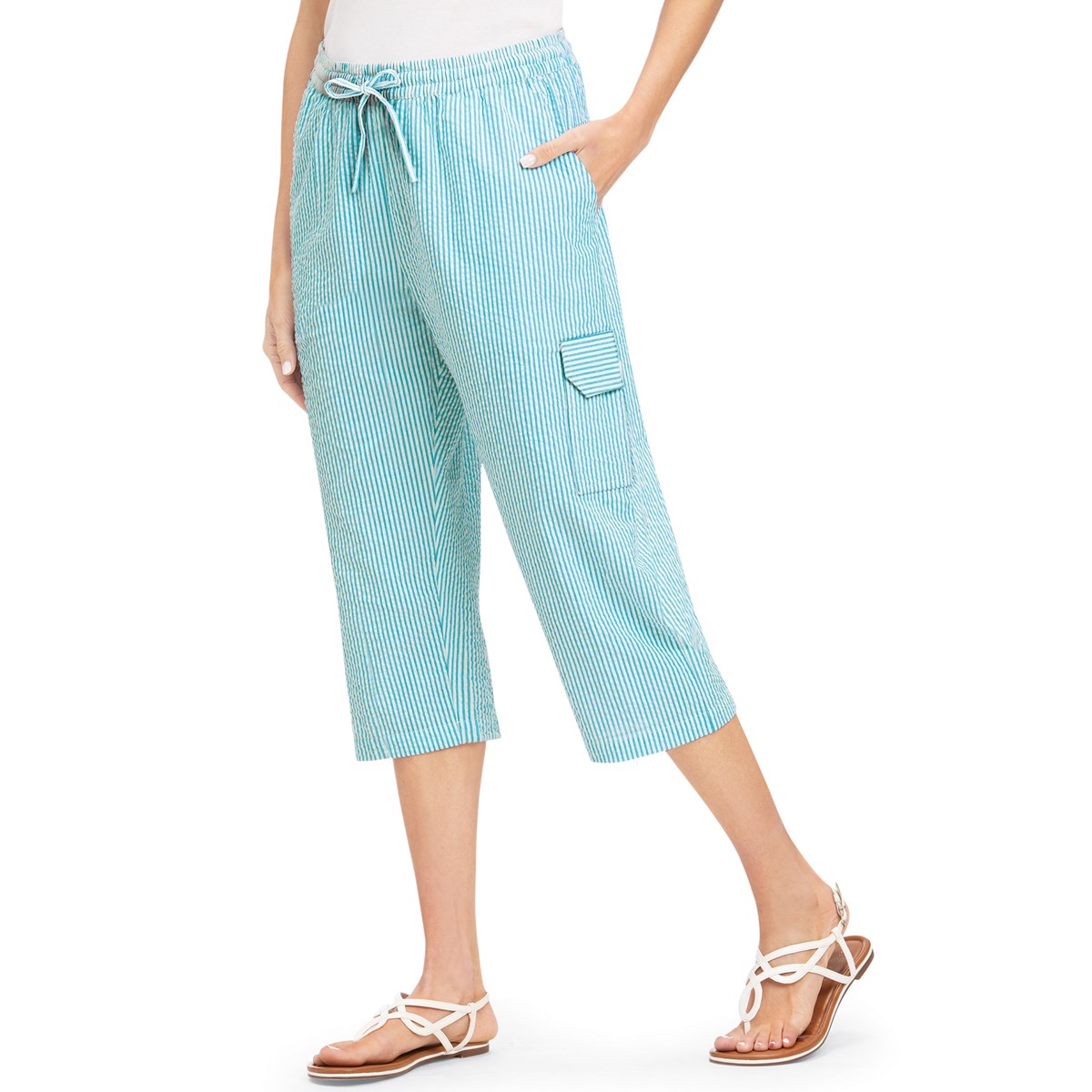 Striped Seersucker Drawstring Cargo Pocket Capri Pants | Collections Etc.