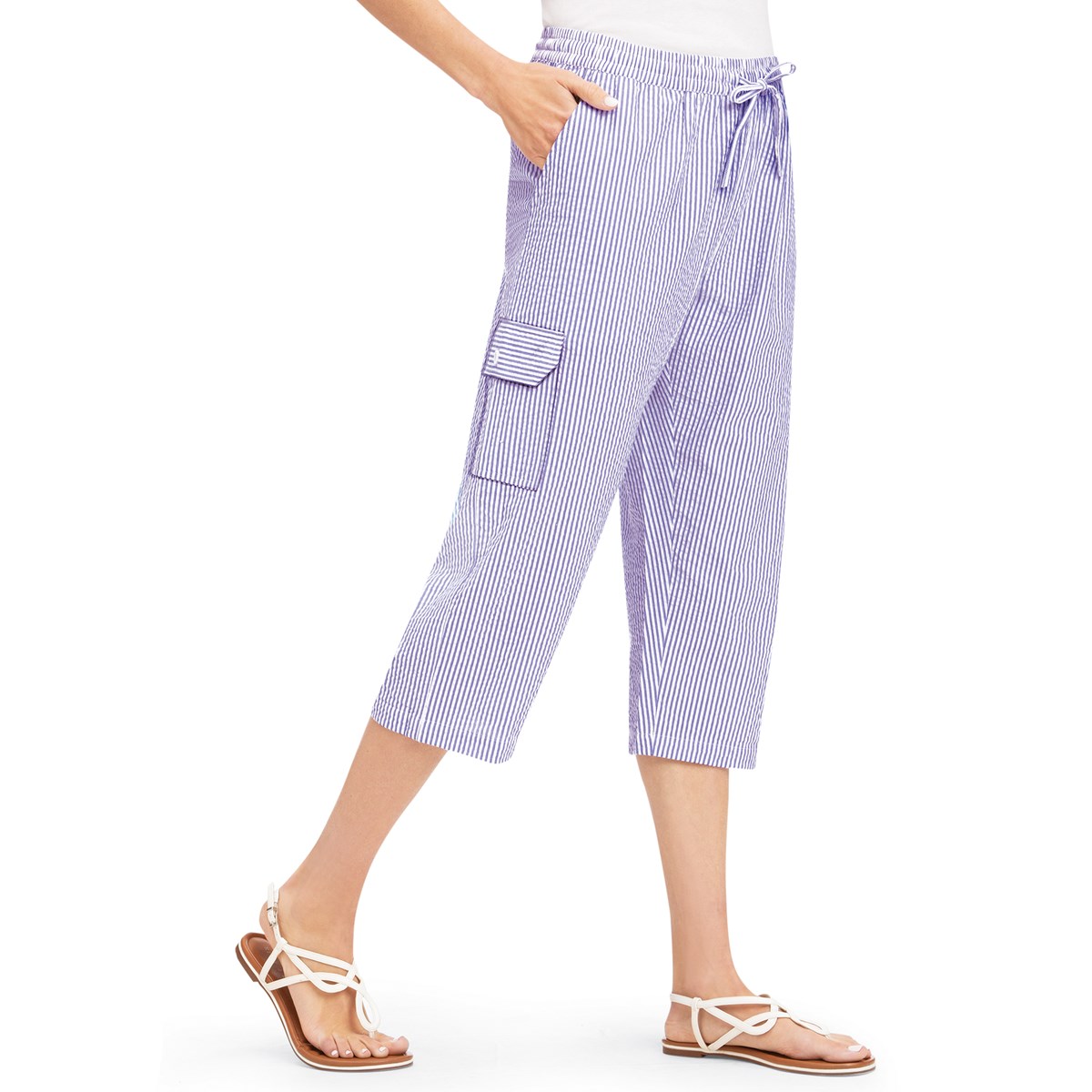 Striped Seersucker Drawstring Cargo Pocket Capri Pants | Collections Etc.