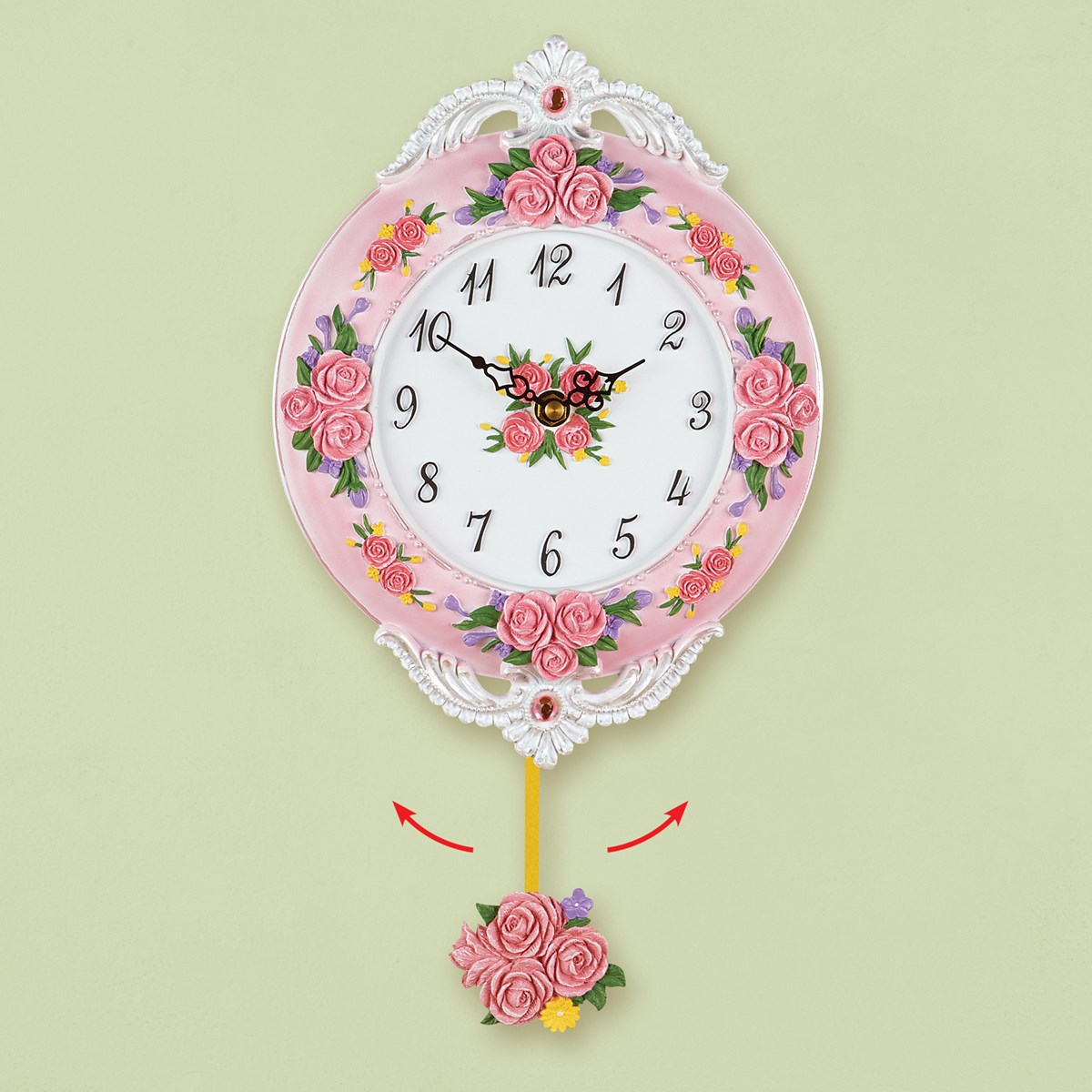 Hand-Painted Decorative Pink Roses Pendulum Wall Clock | Collections Etc.