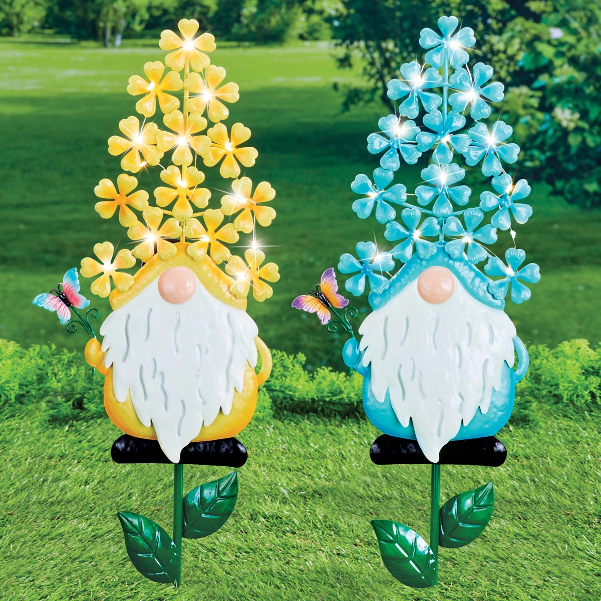 Solar Flower Gnomes Decorative Metal Garden Stakes | Collections Etc.