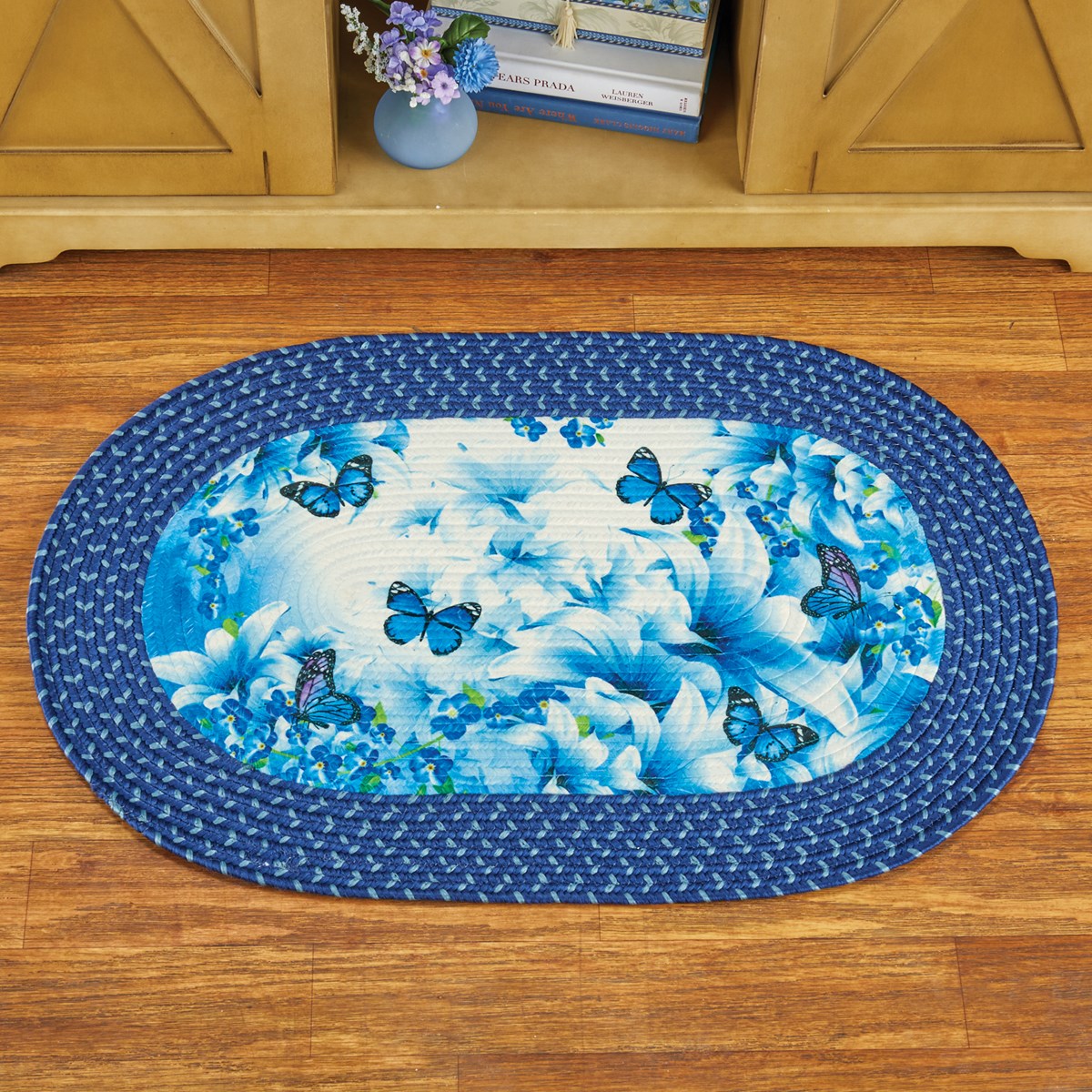 Blue Butterflies & Flowers Braided Oval Accent Rug | Collections Etc.