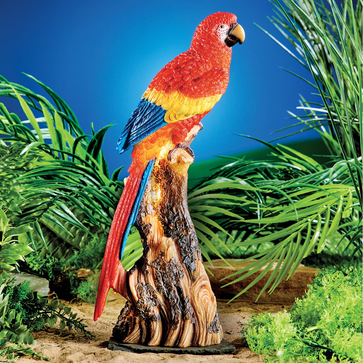 Colorful Solar Powered Parrot on Tree Trunk Yard Sculpture ...