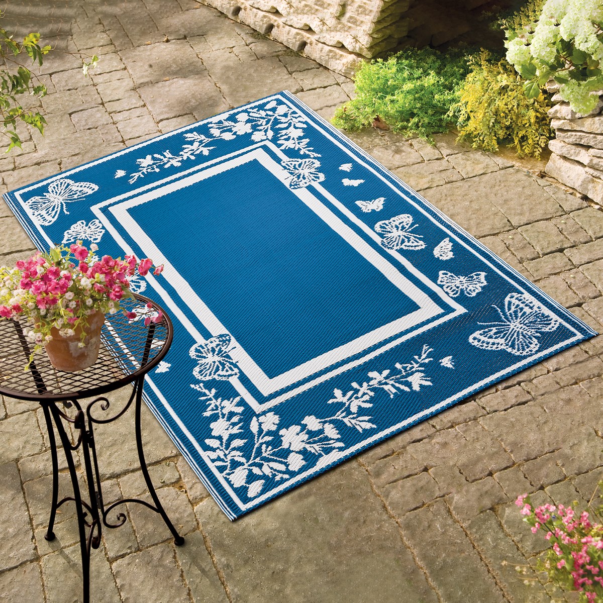 Reversible Butterfly Border Outdoor Patio Mat - 72x48 | Collections Etc.