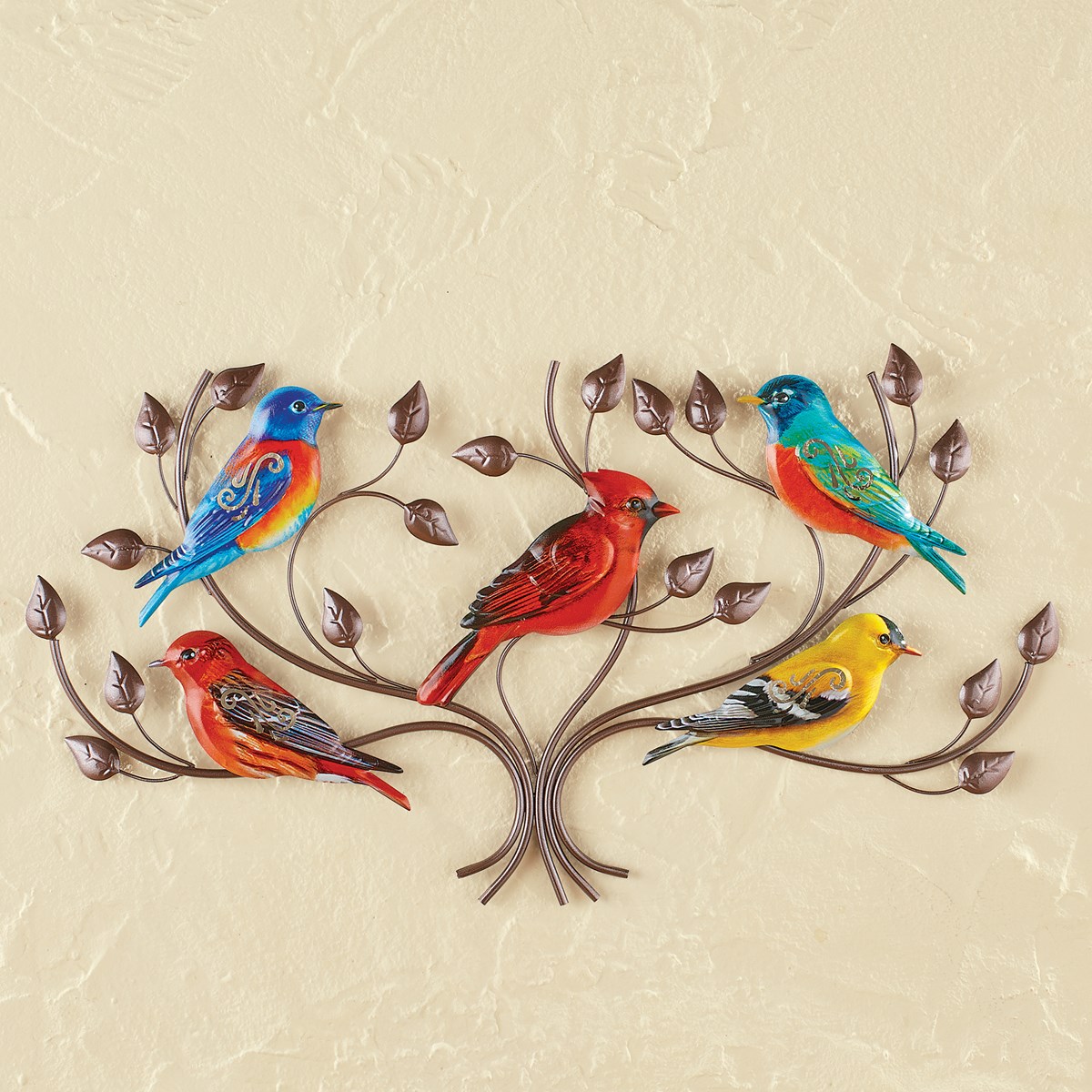 Colorful Birds in a Brass Tree Metal Wall Art Decor | Collections Etc.