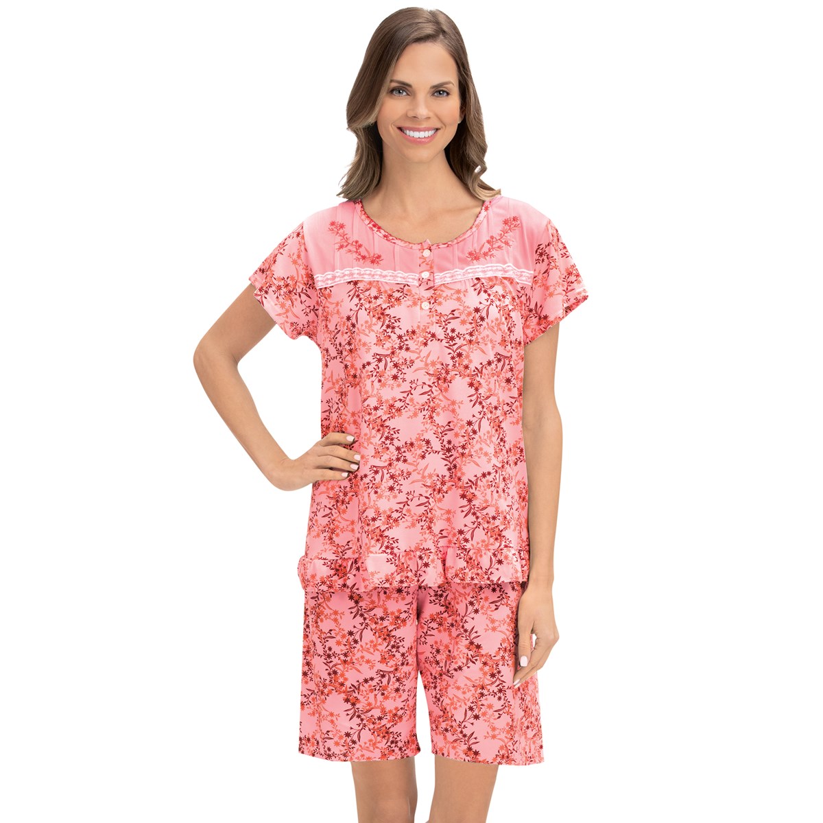 Floral Pajama Short Sleeve Shirt and Shorts Set | Collections Etc.