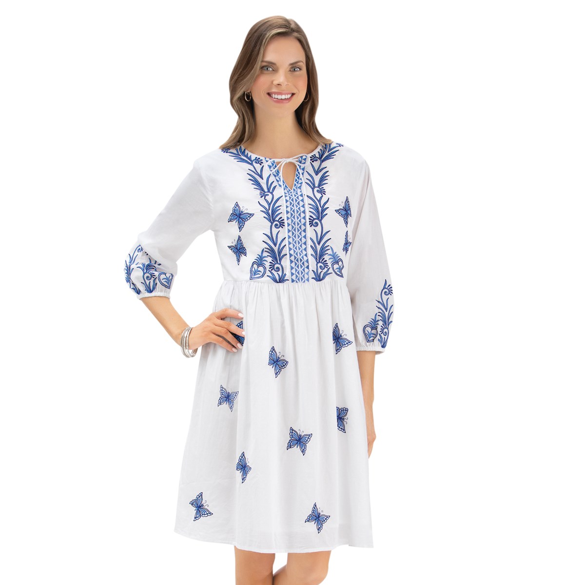 Embroidered Butterflies 3/4-Sleeve Woven Summer Dress | Collections Etc.