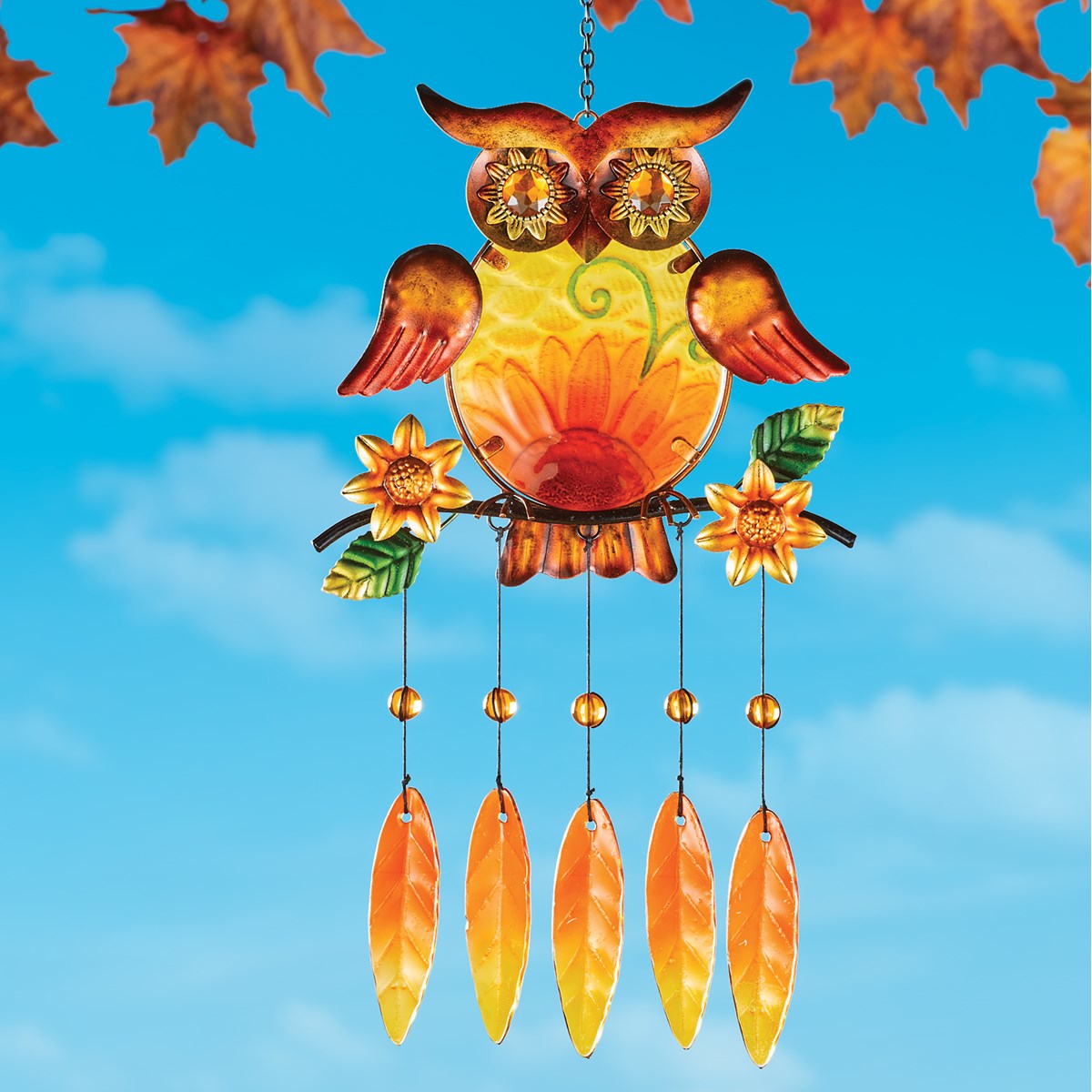 Autumn Glass Owl and Leaves Wind Chime | Collections Etc.