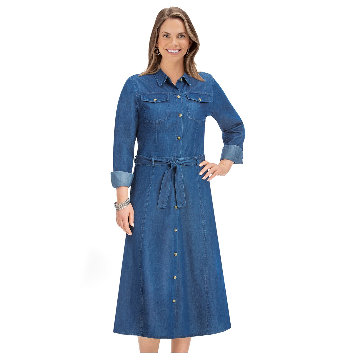 Denim Belted Long Sleeve Dress with Button Closures | Collections Etc.