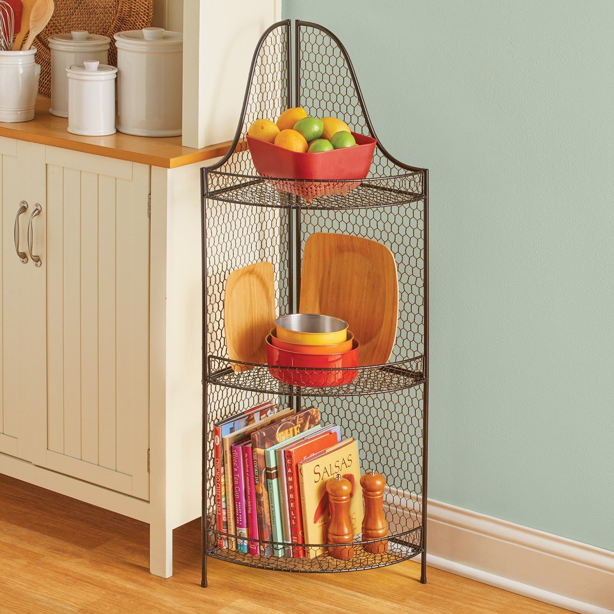 Farmhouse Black Mesh Wire Three Tier Corner Shelf Collections Etc