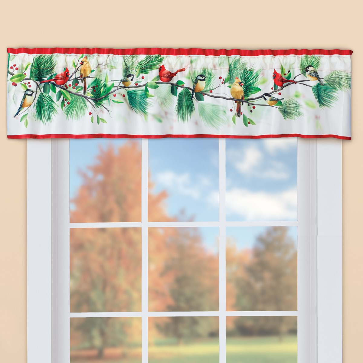 Festive Cardinal Chickadee Window Valance | Collections Etc.