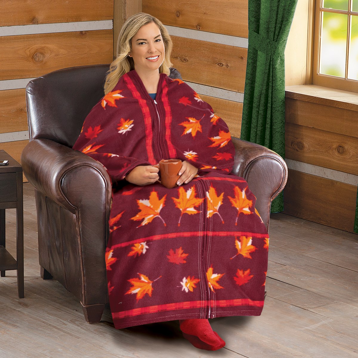 Fall Leaves Zippered Soft Fleece Cuddle Wrap | Collections Etc.