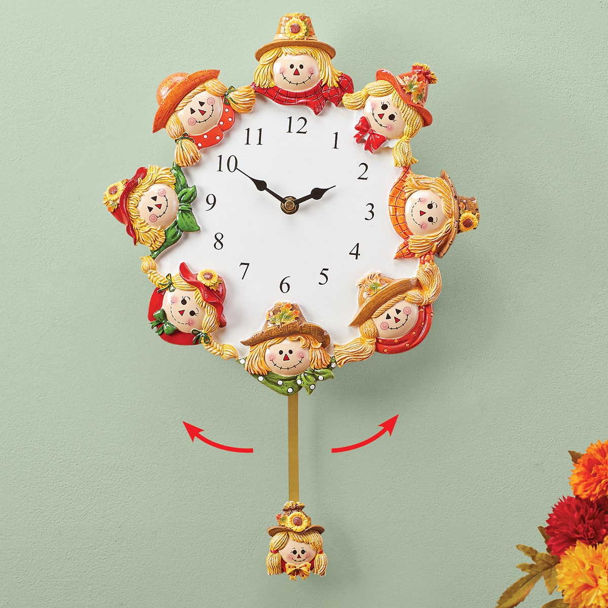 Hand-Painted Scarecrow Pendulum Wall Clock | Collections Etc.
