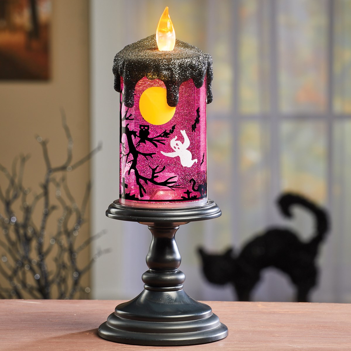 LED Lighted Halloween Purple Candle with Pedestal | Collections Etc.