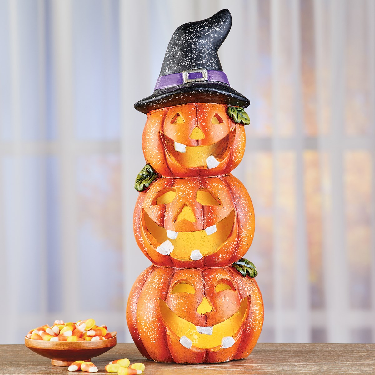 Hand-Painted Lighted Stacked Jack O' Lanterns, 13"H | Collections Etc.