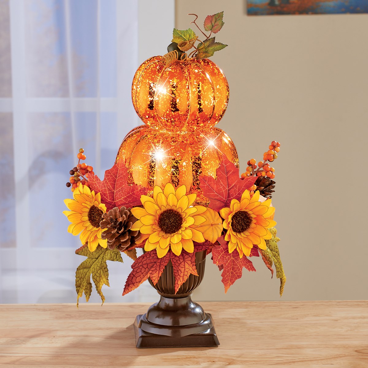 LED Lighted Fall Glass Pumpkin and Sunflower Topiary | Collections Etc.