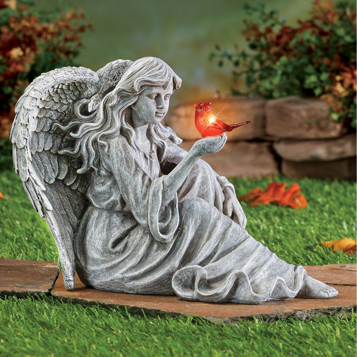 Solar Powered Angel with Cardinal Garden Statue | Collections Etc.