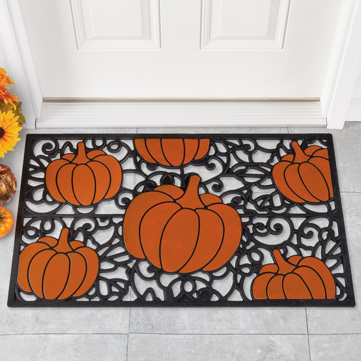 Scrolling Fall Pumpkin Rubber Doormat | Collections Etc.