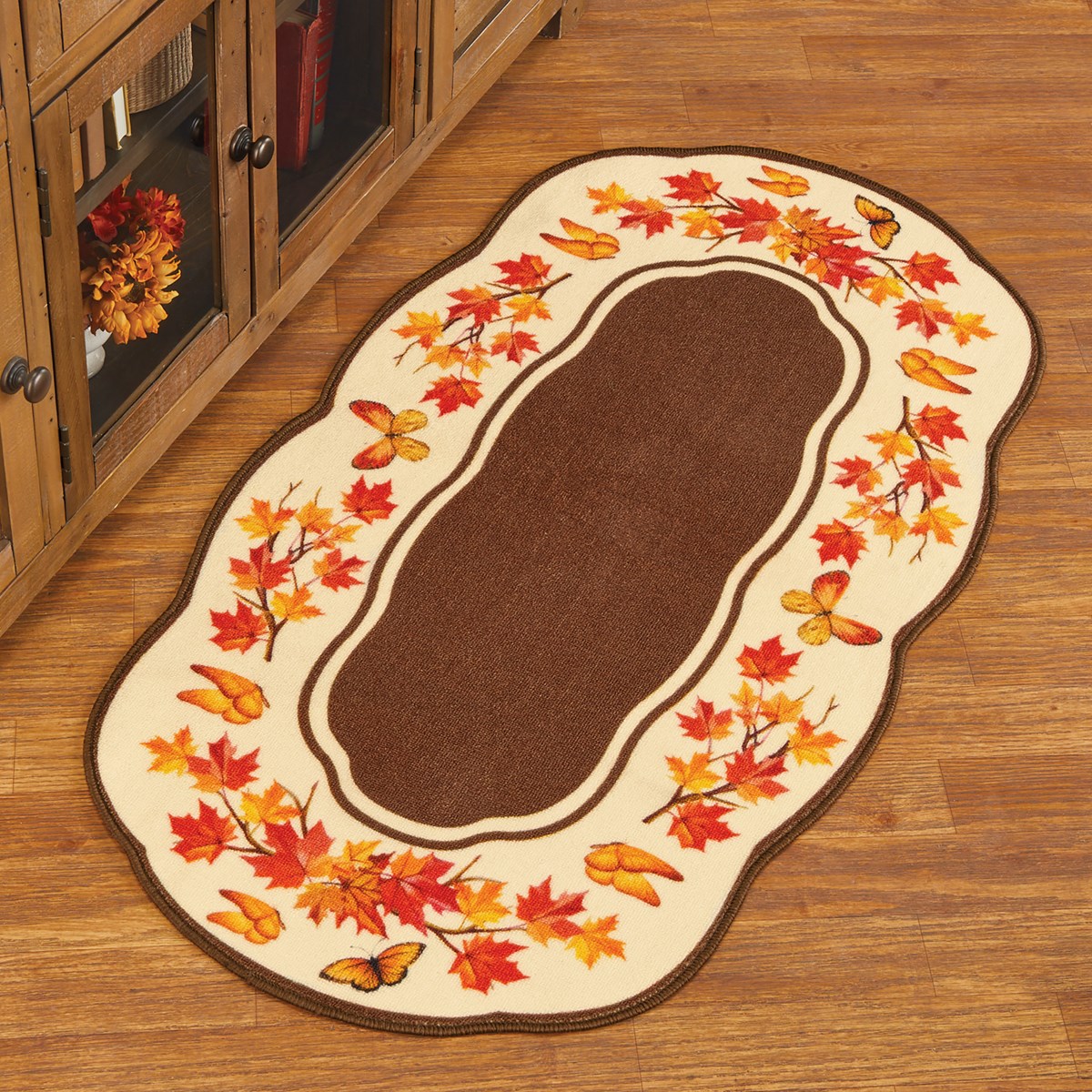 Fall Maple Leaves and Butterfly Scalloped Edge Rug | Collections Etc.