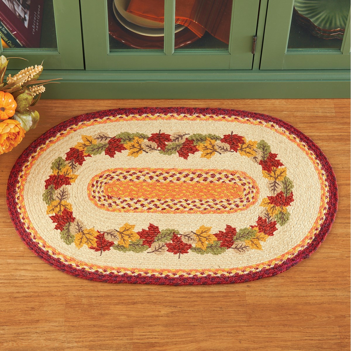 Colorful Autumn Leaf Border Braided Accent Rug | Collections Etc.