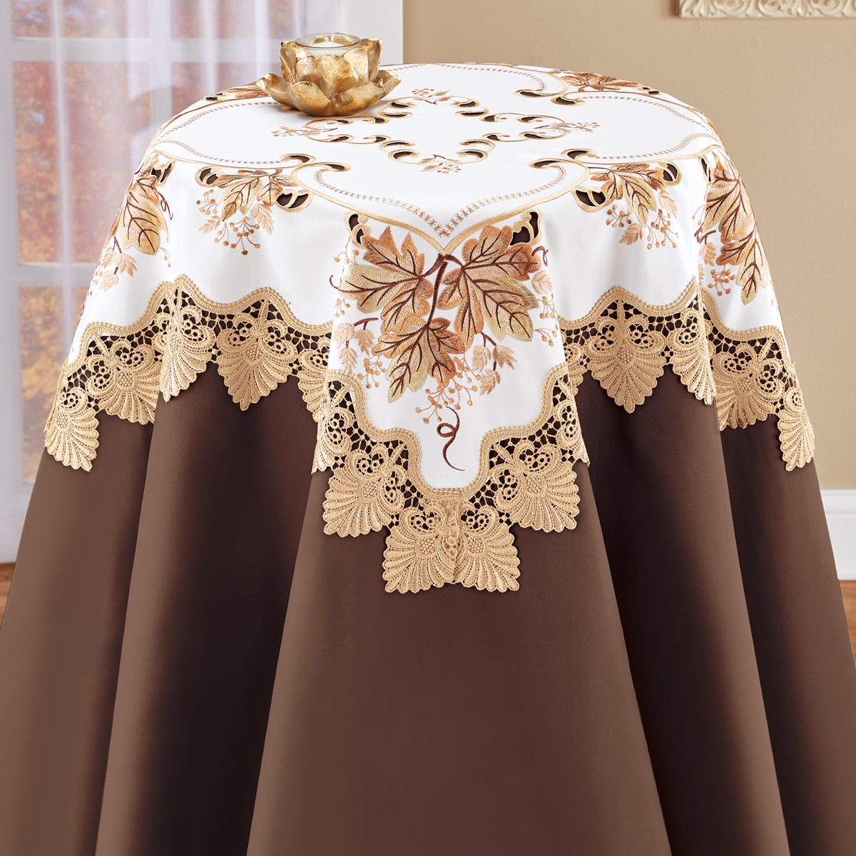 Embroidered Fall Leaf Cluster Lace Border Table Linens | Collections Etc.