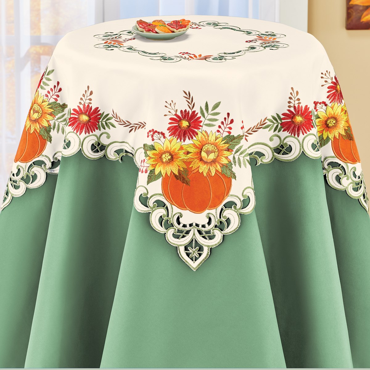 Embroidered Fall Sunflower and Pumpkin Table Linens | Collections Etc.
