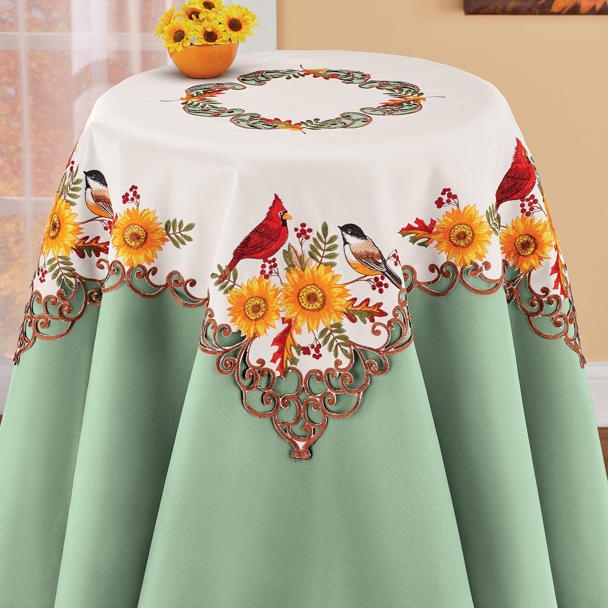 Embroidered Fall Sunflower Birds Table Linens | Collections Etc.