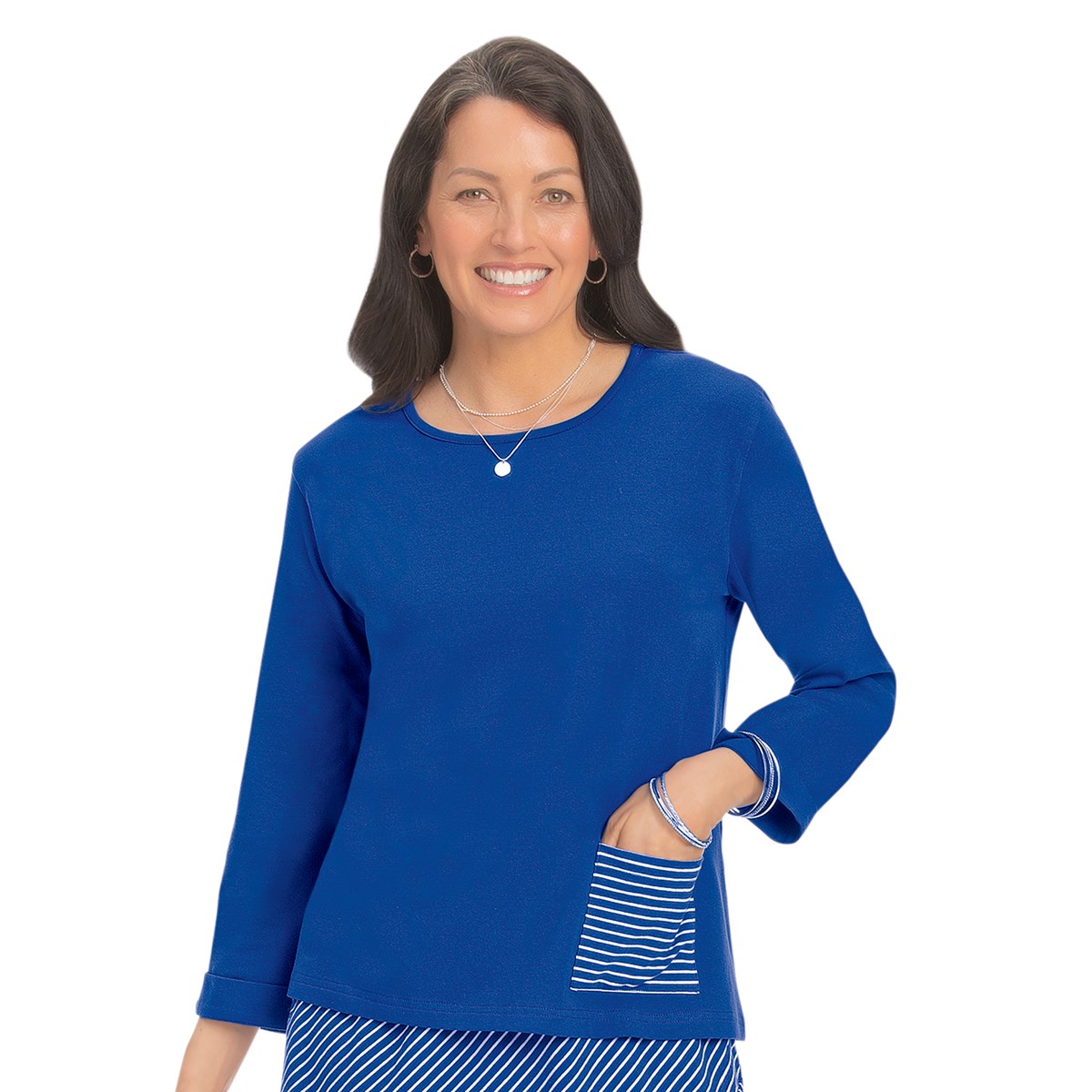 Scooped Neck Striped Pocket Top with 3/4 Sleeves | Collections Etc.