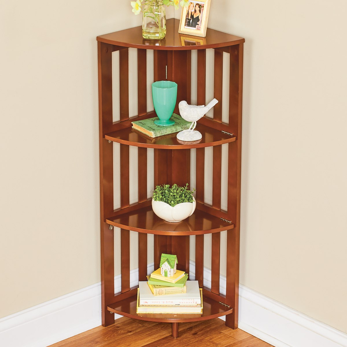 Wooden Folding Corner Standing Shelf Unit | Collections Etc.