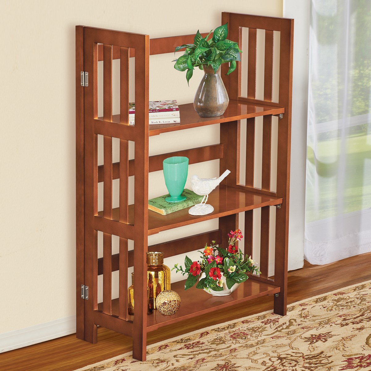 Wooden 3-Tier Folding Standing Shelf Unit | Collections Etc.