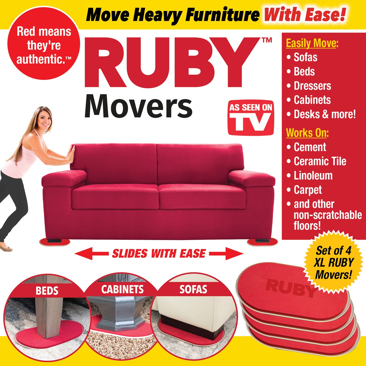 Ruby Movers Sliders for Heavy Furniture - Set of 4 | Collections Etc.