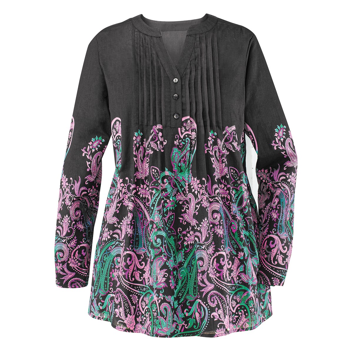 Paisley Border Split V-Neckline Tunic with Pleated Front | Collections Etc.