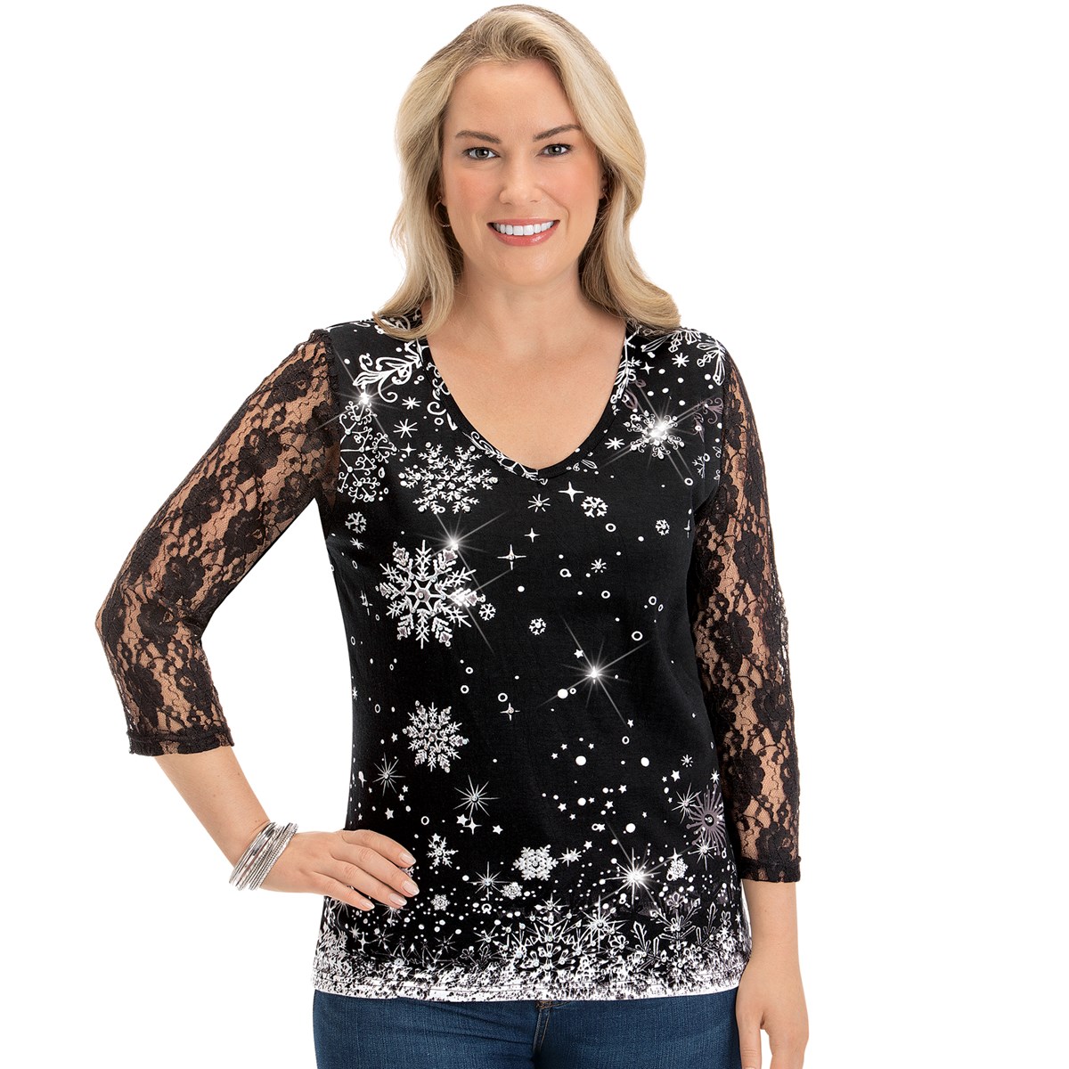 Elegant Snow Flurry Lace 3/4 Sleeve Holiday Top | Collections Etc.