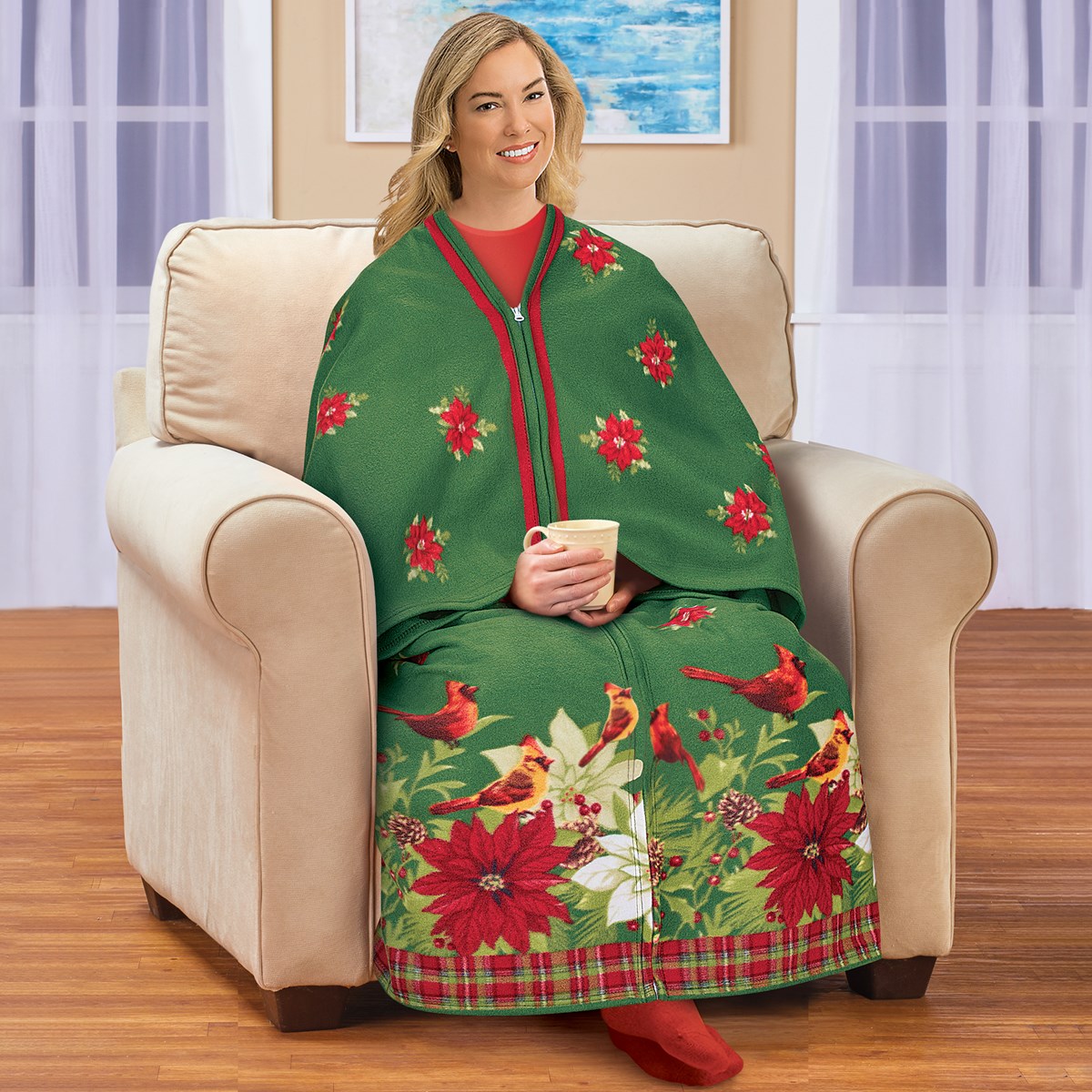 Cardinal Poinsettia Zippered Soft Fleece Cuddle Wrap | Collections Etc.