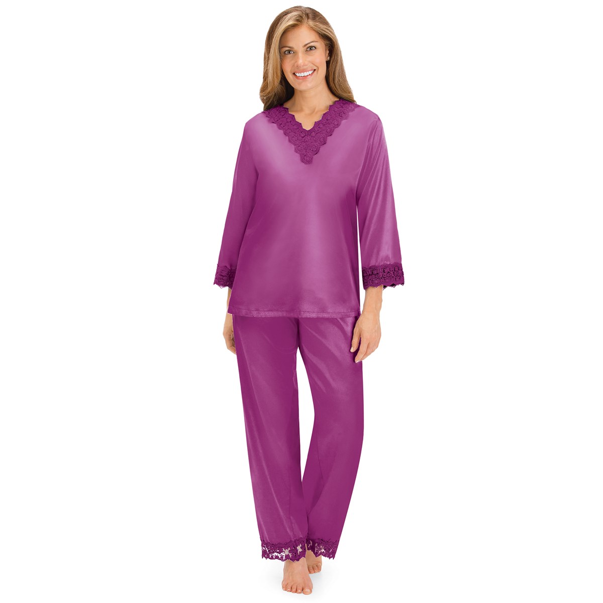 Lace Trim Satiny V-Neck 3/4 Sleeves and Pants Pajama Set | Collections Etc.