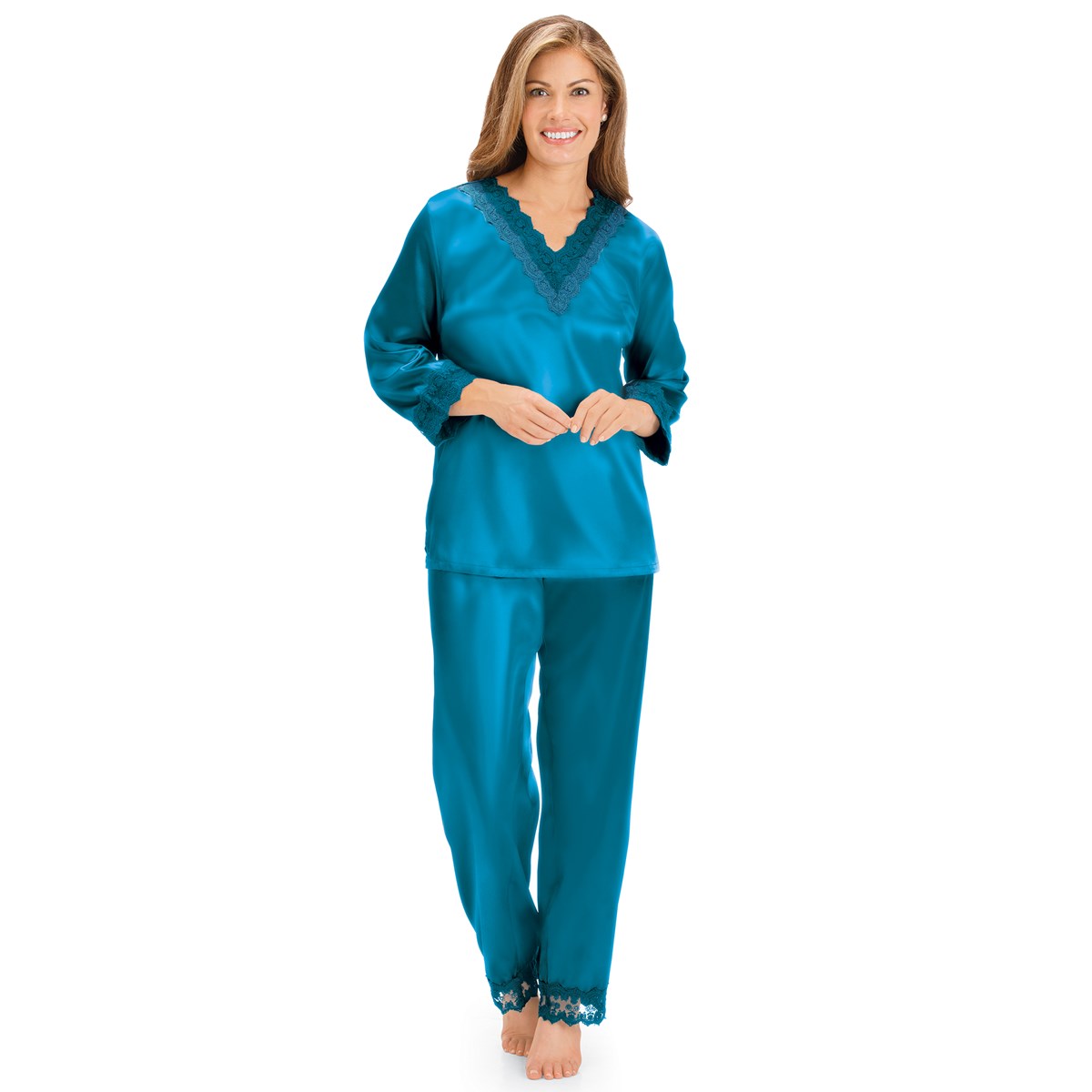 Lace Trim Satiny V-Neck 3/4 Sleeves and Pants Pajama Set | Collections Etc.